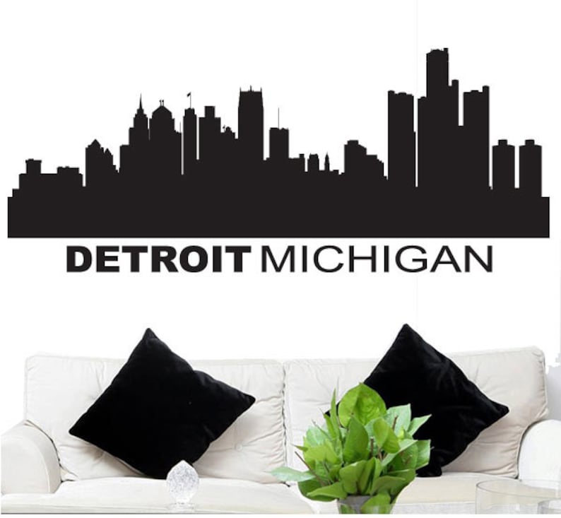 Wall Decal Sticker Detroit Michigan Skyline 20" Tall 48" Wide in White ...