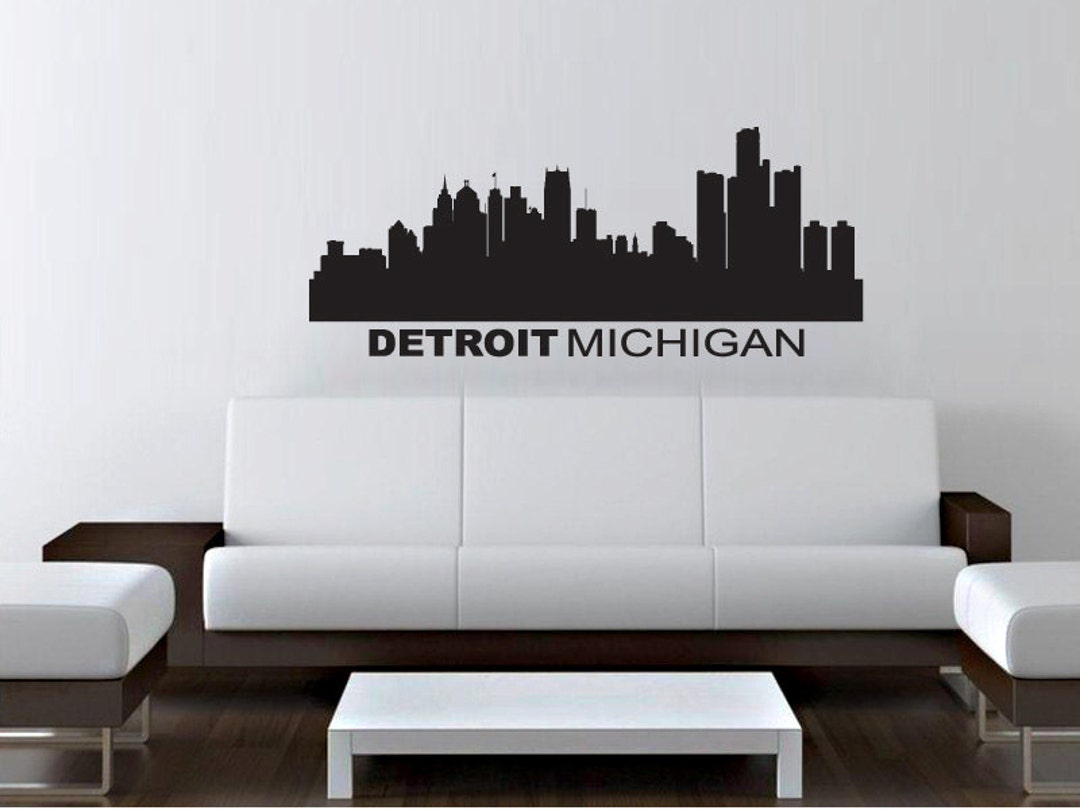 Wall Decal Sticker Detroit Michigan Skyline 20" Tall 48" Wide in White ...