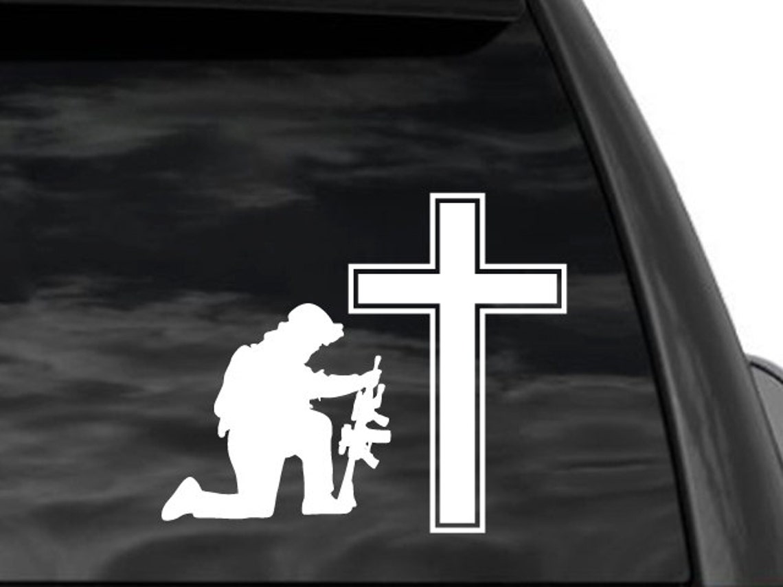 Large Kneeling Soldier & Cross Window Decal Sticker in White 8"x7" Us ...