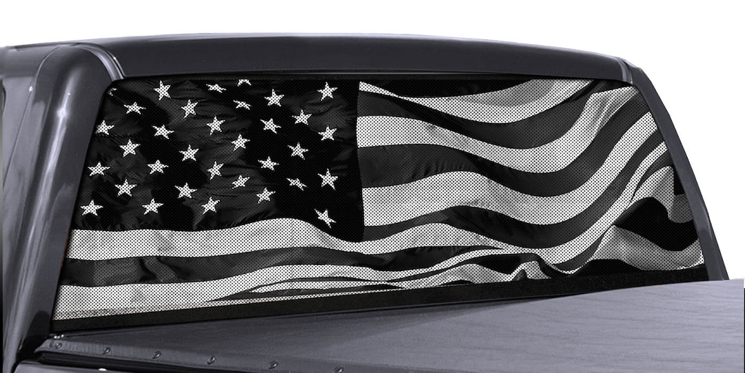FGD Truck Rear Window Wrap Black & White American Flag Perforated Vinyl ...