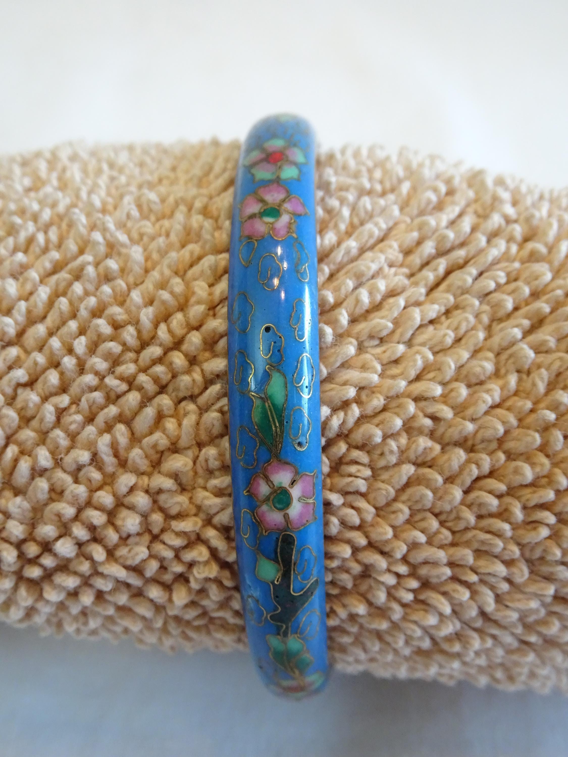Colorful Cloisonne Flowers Slip on Bangle Bracelet, Vintage Light Blue ...
