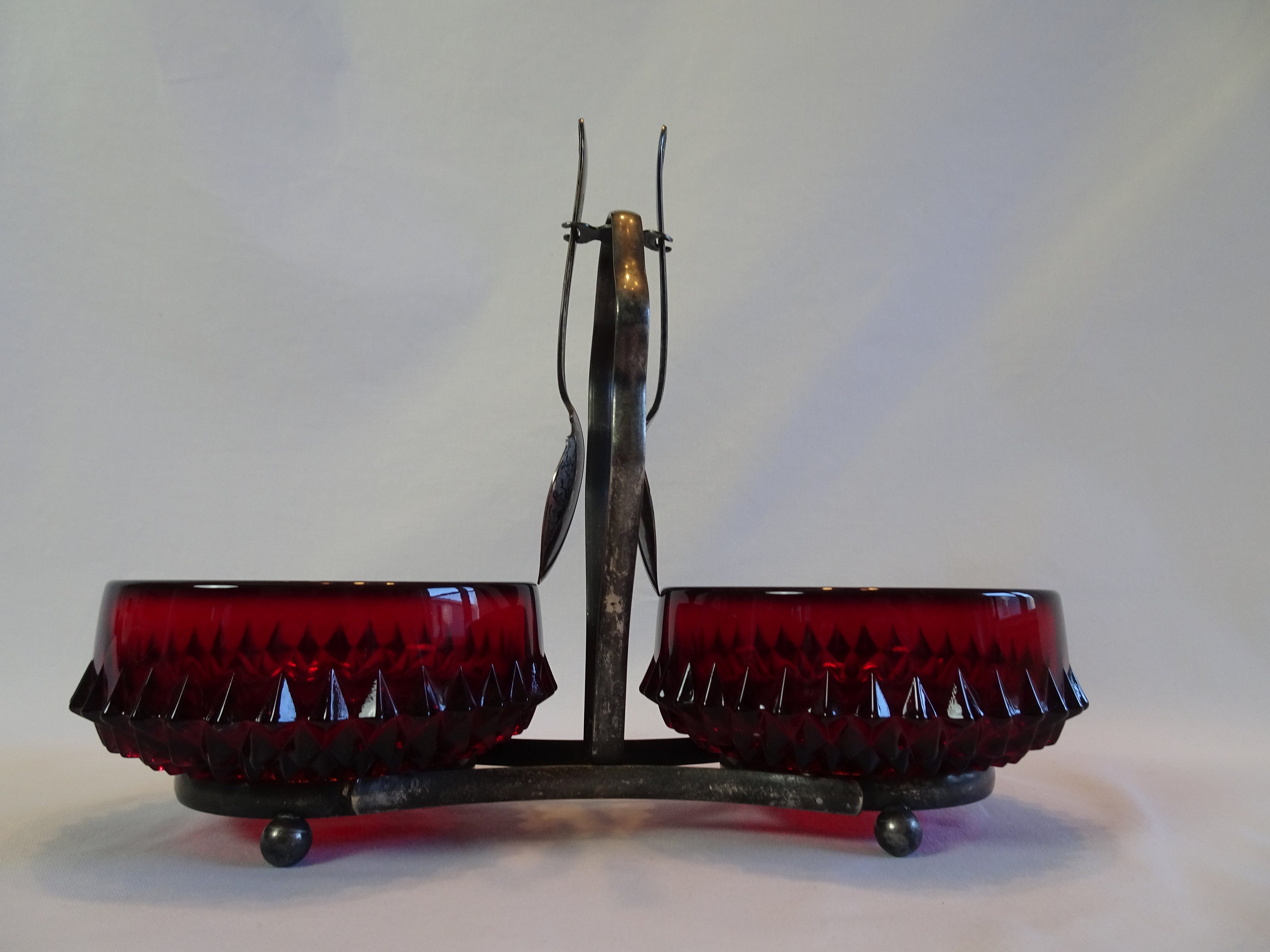 Celtic Silverplate Ruby Red Glass Condiment Bowls Serving Caddy Set ...