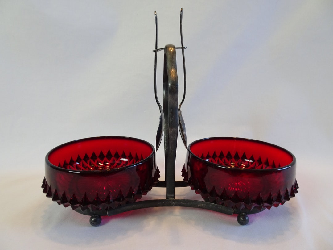 Celtic Silverplate Ruby Red Glass Condiment Bowls Serving Caddy Set ...