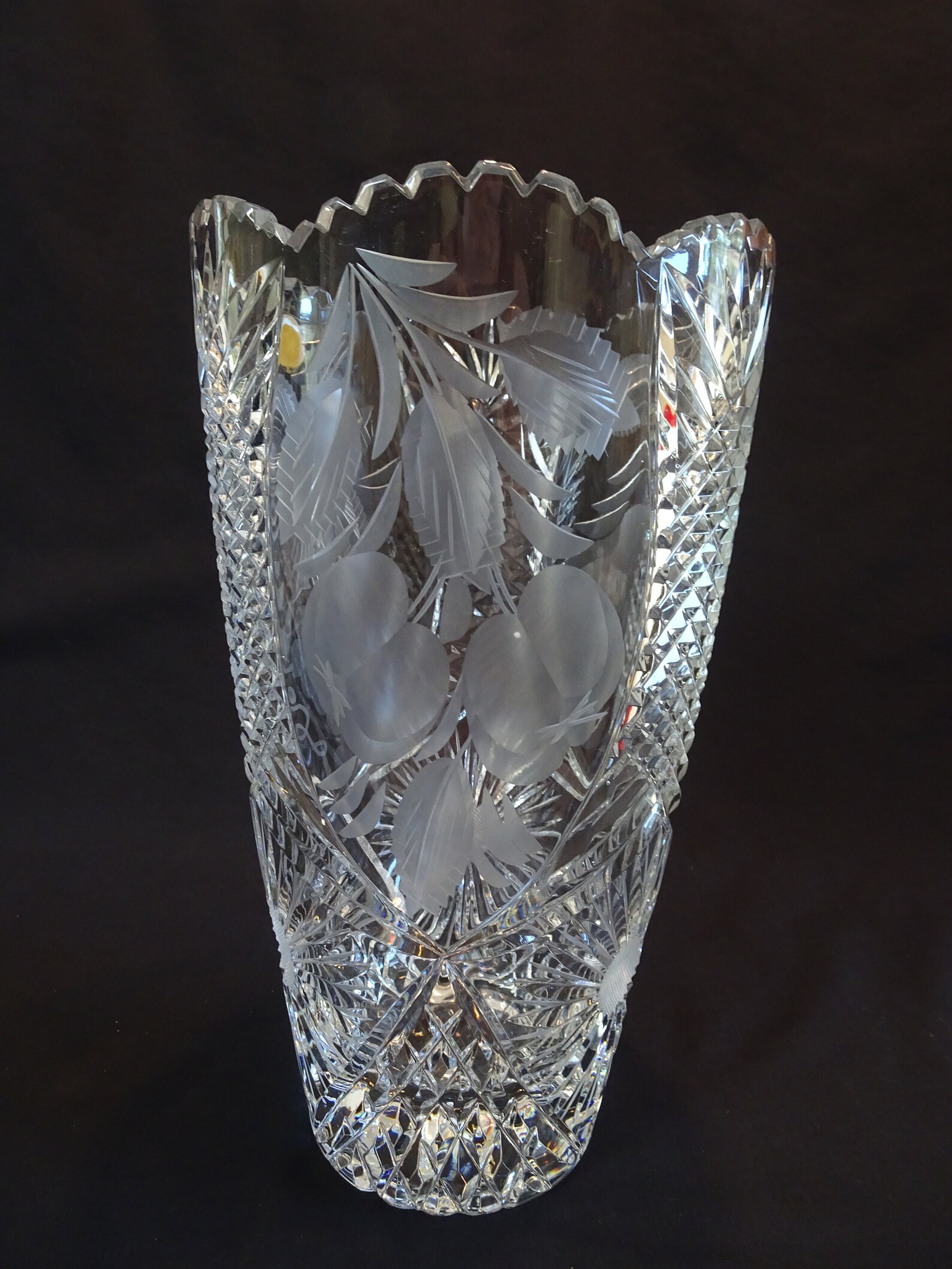 Huge Imperlux Crystal Etched Fruit Vase, Vintage Apples Grapes Pears ...