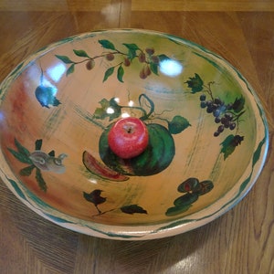 Handpainted Wooden Center Bowl, Vintage Large Fruit & Vegetables With ...