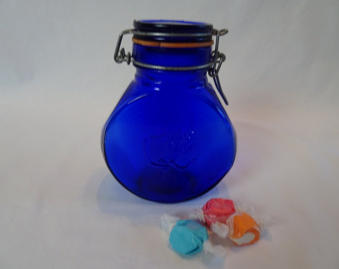 Cobalt Blue Glass Jar With Hinged Lid, Vintage Italian Embossed Wheat ...