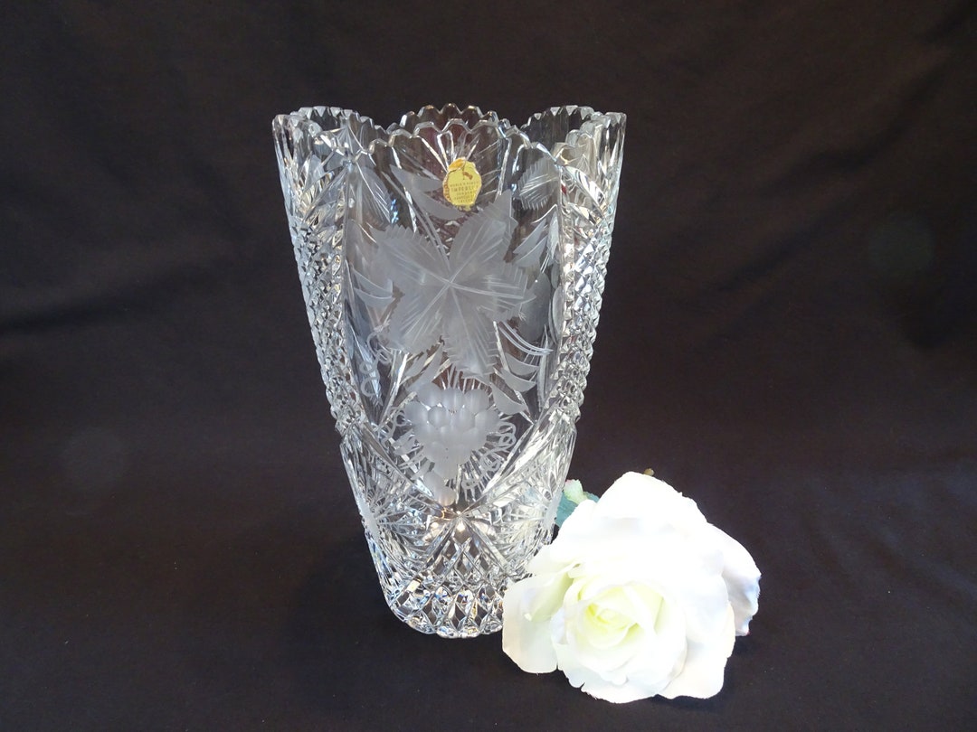 Huge Imperlux Crystal Etched Fruit Vase, Vintage Apples Grapes Pears ...