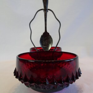 Celtic Silverplate Ruby Red Glass Condiment Bowls Serving Caddy Set ...