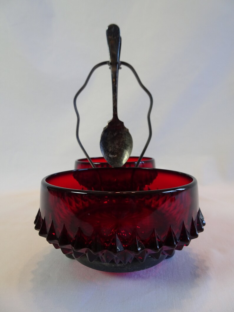 Celtic Silverplate Ruby Red Glass Condiment Bowls Serving Caddy Set ...