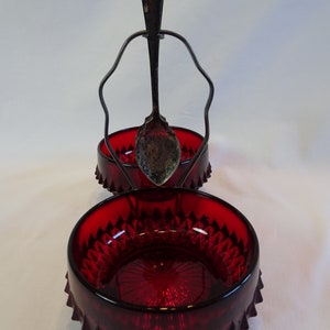 Celtic Silverplate Ruby Red Glass Condiment Bowls Serving Caddy Set ...