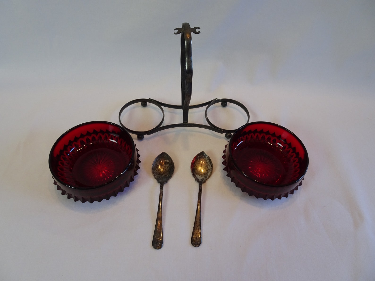 Celtic Silverplate Ruby Red Glass Condiment Bowls Serving Caddy Set ...