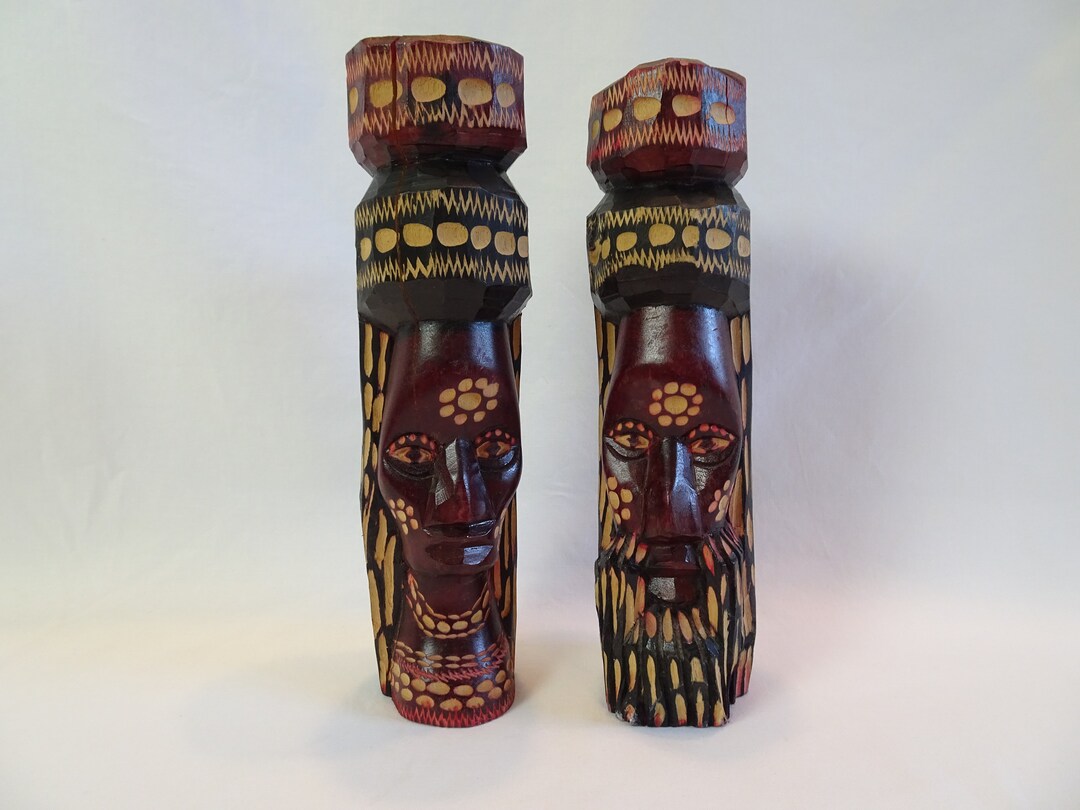 Caribbean Man & Women Carved Wood Tribal Head Sculptures, Vintage ...