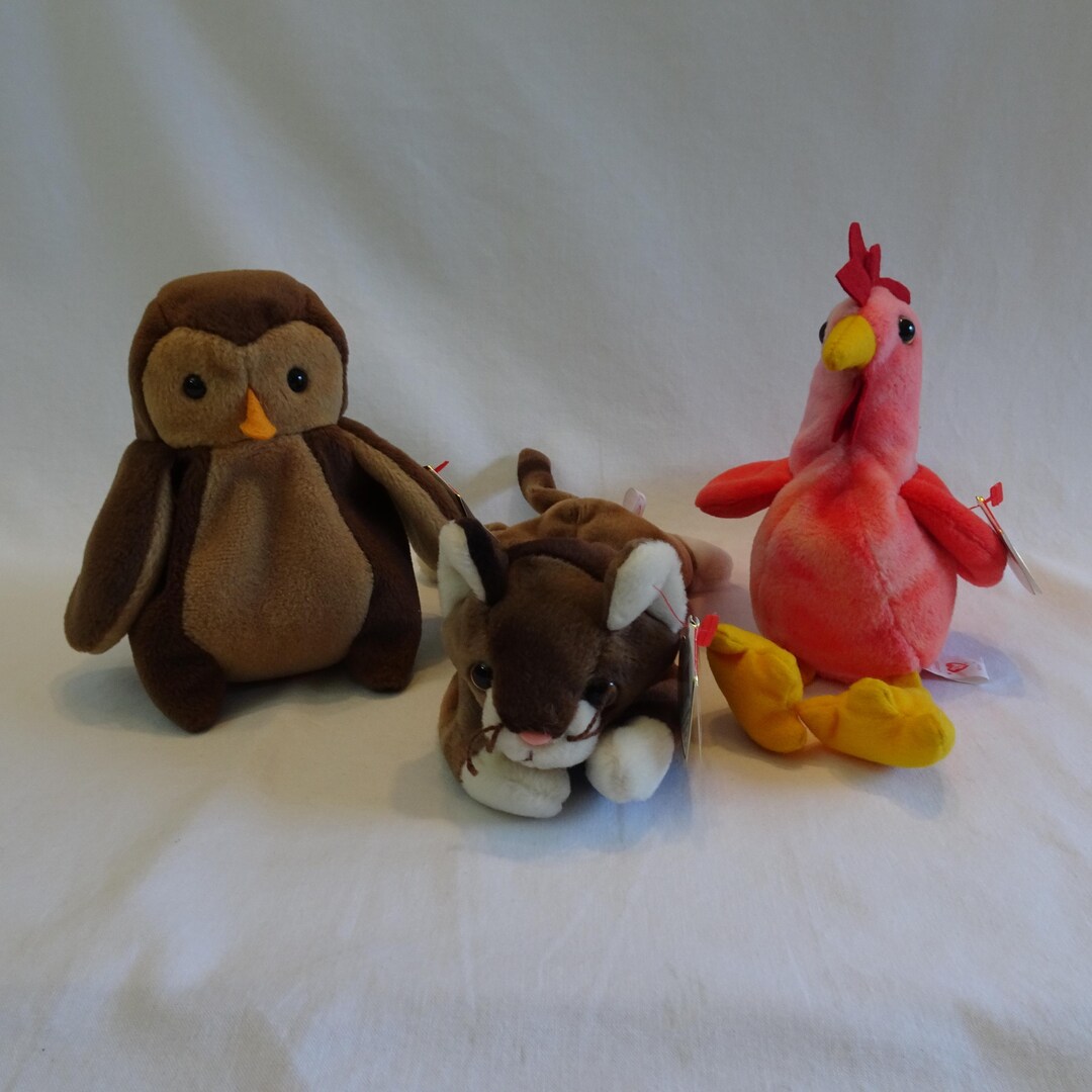 Beanie Baby Stuffed Toy, Hoot Owl Bird, Pounce Kitty Cat, Strut Rooster ...