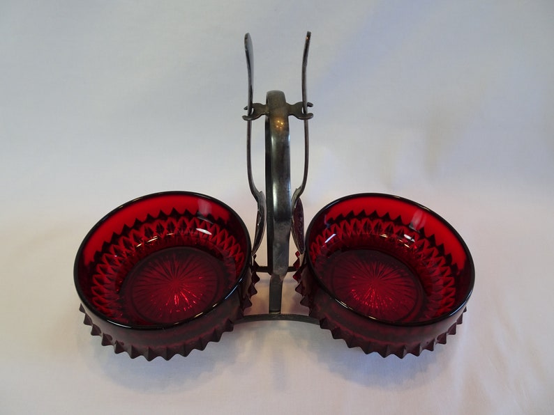 Celtic Silverplate Ruby Red Glass Condiment Bowls Serving Caddy Set ...