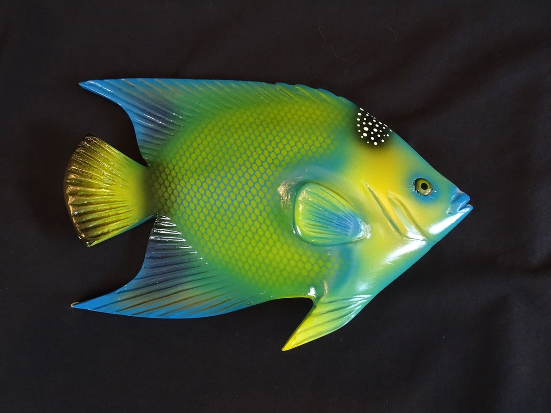 Wooden Hanging Fish Plaque, Vintage Hand Painted Blue, Yellow, Green ...