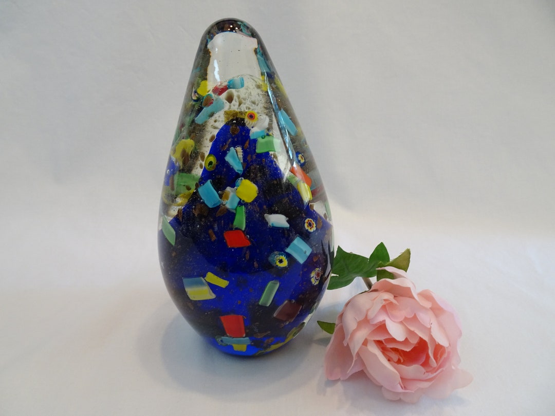Blue Encased Glass Colorful Specks Paperweight, Vintage Red Yellow ...