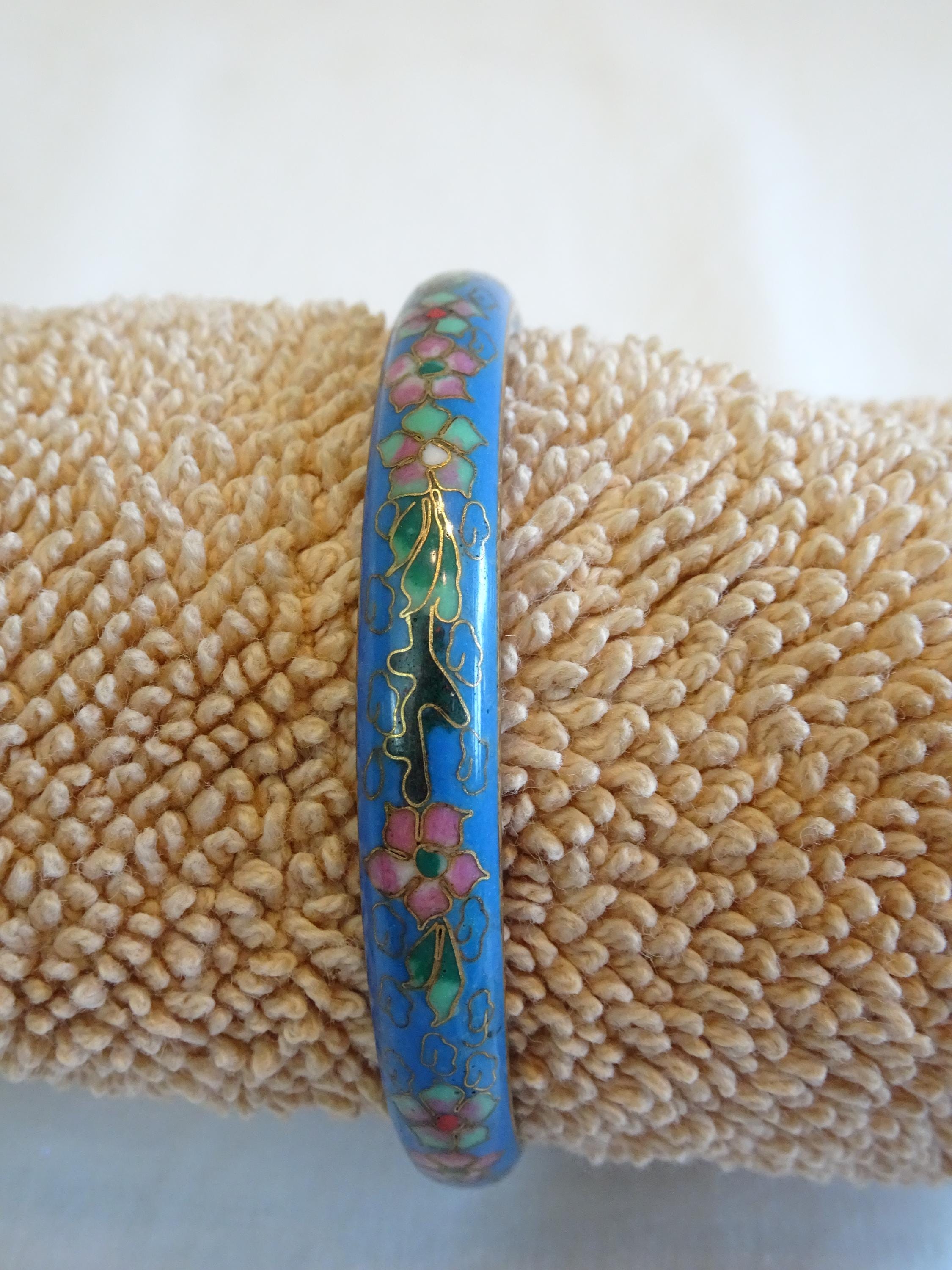 Colorful Cloisonne Flowers Slip on Bangle Bracelet, Vintage Light Blue ...