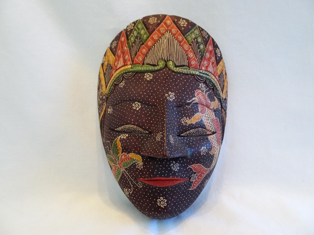 Hand Painted Wooden Batik Tribal Mask, Vintage Butterfly & Koi Fish ...