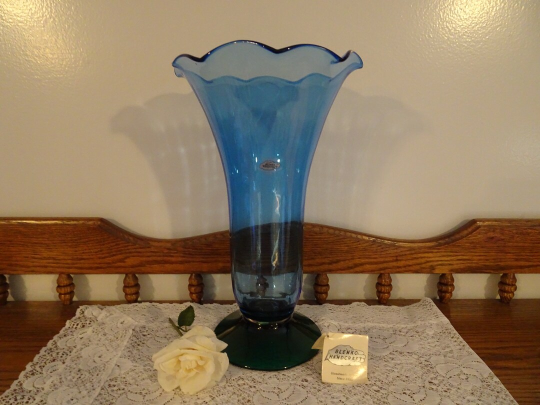Blenko Hand-blown Art Glass Floral Vase, Vintage Blue & Green Footed ...