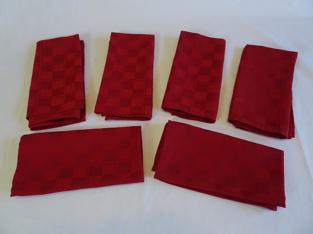 Ruby Red Checkered Polyester Napkin Set of 6, Vintage Two Tone Dark Red ...