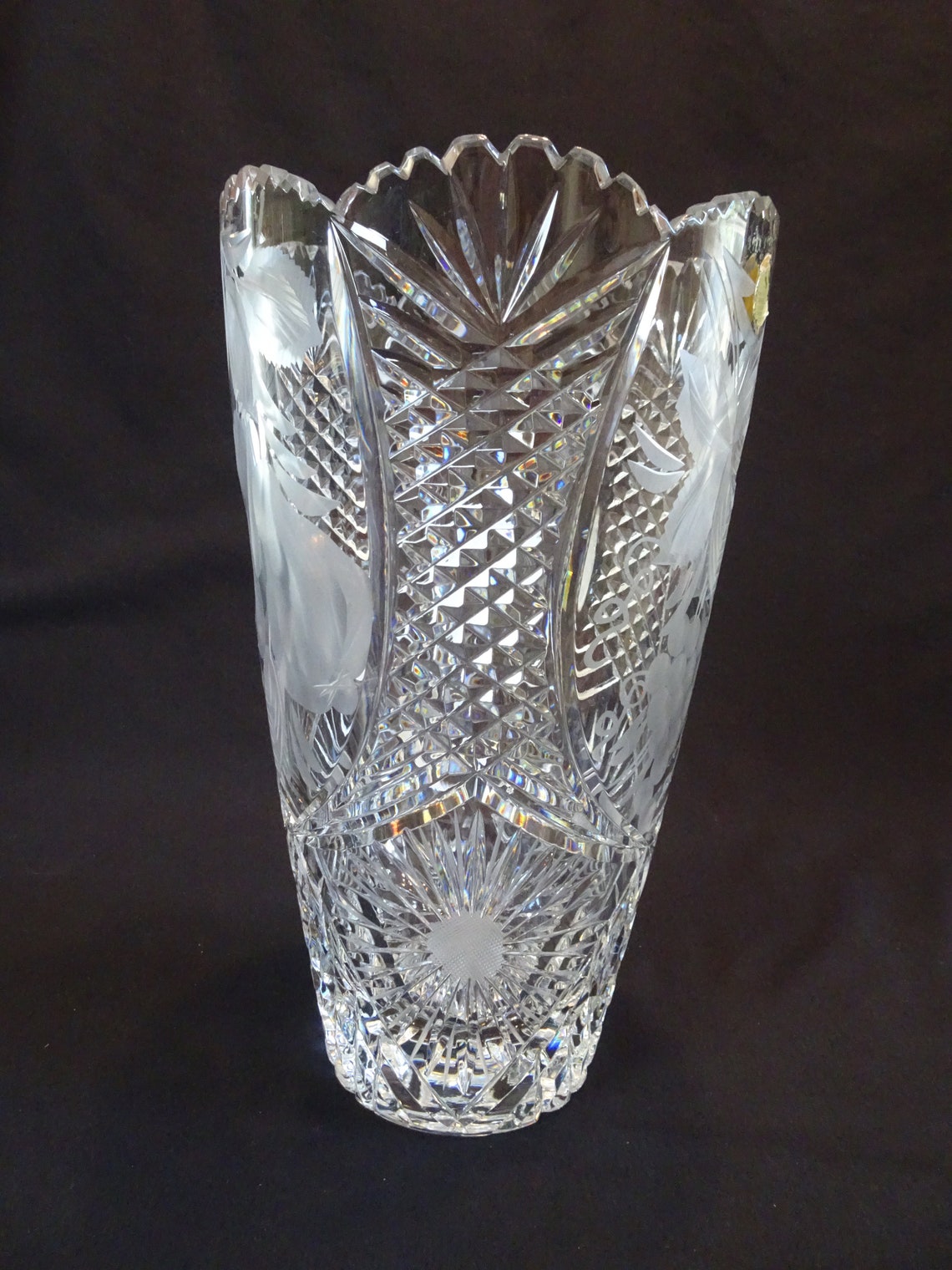 Huge Imperlux Crystal Etched Fruit Vase, Vintage Apples Grapes Pears ...