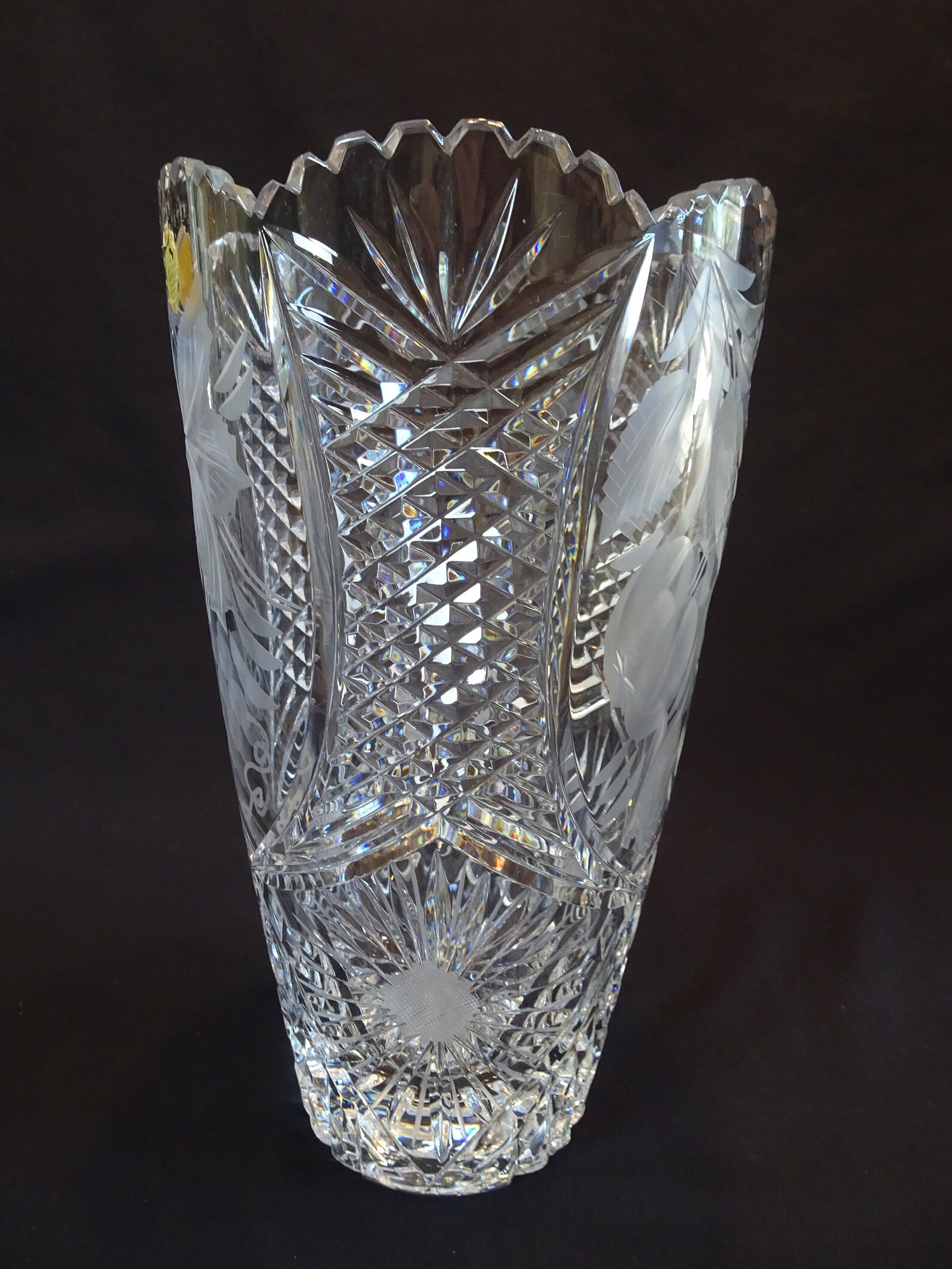 Huge Imperlux Crystal Etched Fruit Vase, Vintage Apples Grapes Pears ...