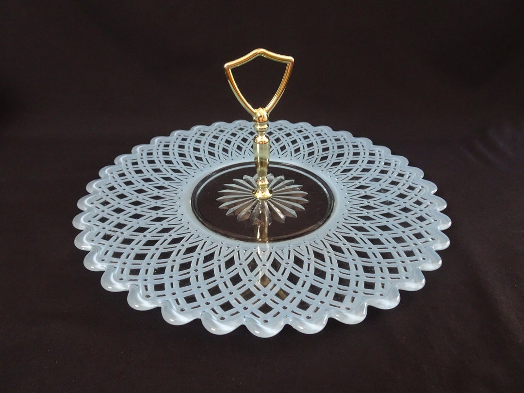 Tidbit Serving Tray With Handle, Vintage Blue Geometric Swirl Design ...