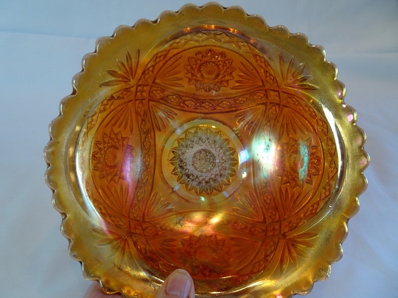 Imperial Hobstar And Oval Bands Marigold Carnival Glass Bowl Etsy