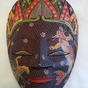 Hand Painted Wooden Batik Tribal Mask, Vintage Butterfly & Koi Fish ...