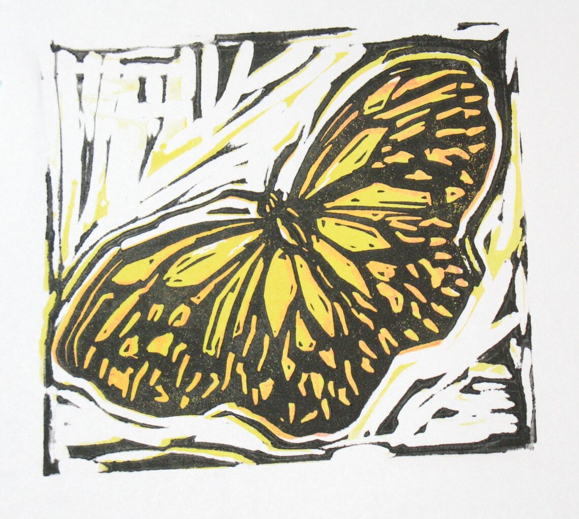 Yellow Butterfly Linocut Small 2 Color Relief Print | Etsy