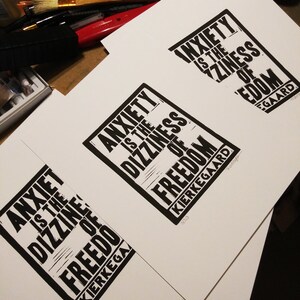 Kierkegaard Quote Linocut Relief Print, Anxiety is the Dizziness of ...