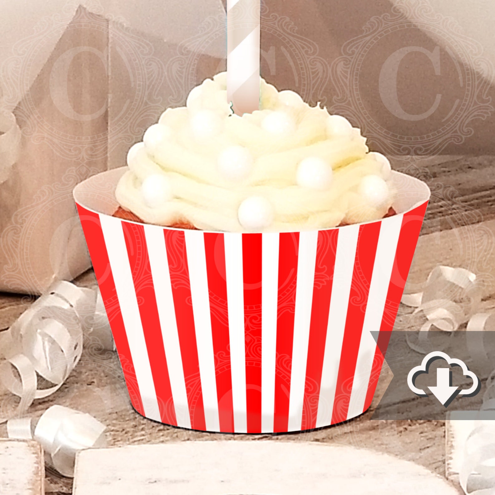 Red White Stripe Cupcake Wrapper Instant Download Movie - Etsy