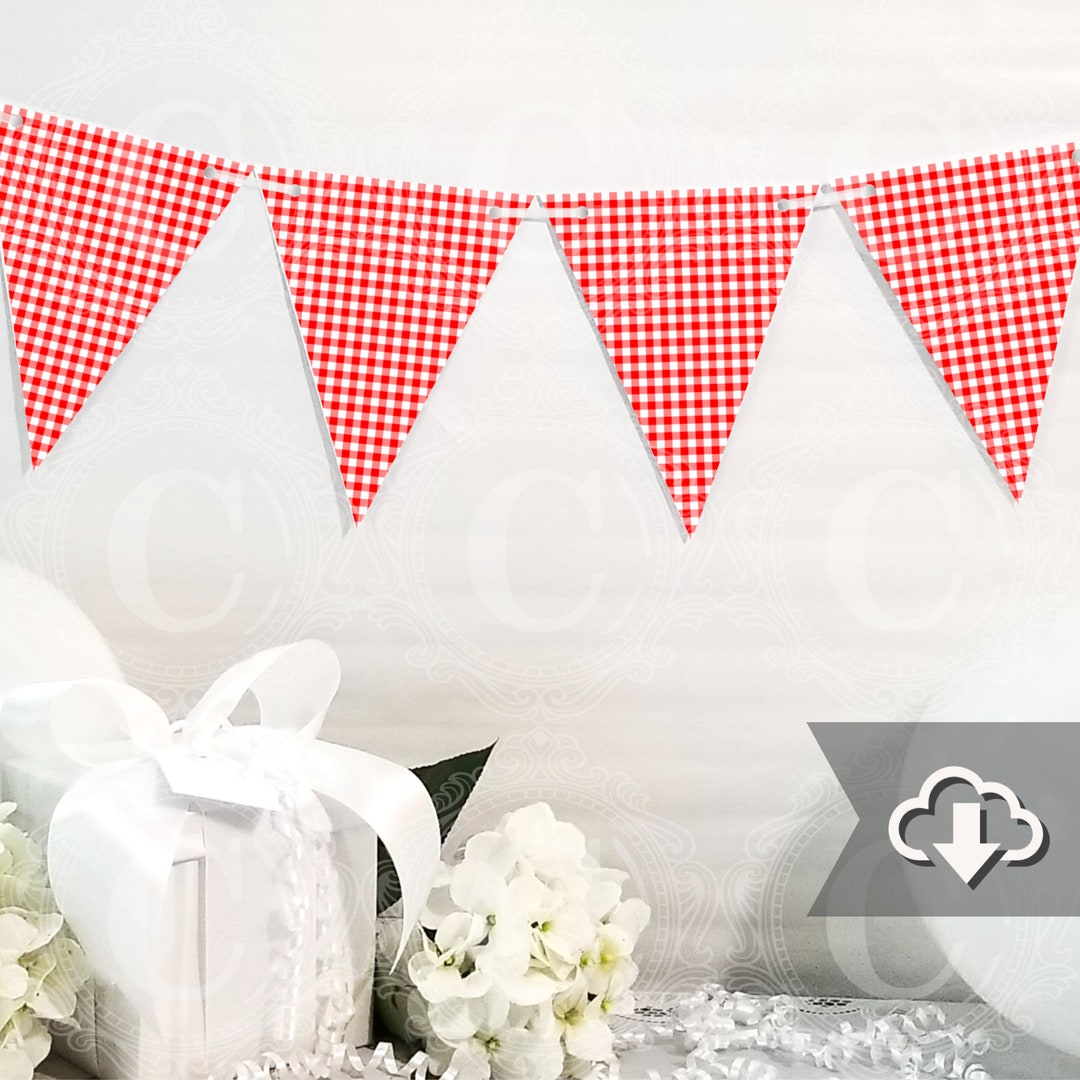 Red Gingham Banner Printable, DIY Custom Banner, Bunting Banner ...