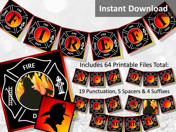 Firefighter Banner, Red, Orange, Yellow, Black, 64 Pennants, Printable ...