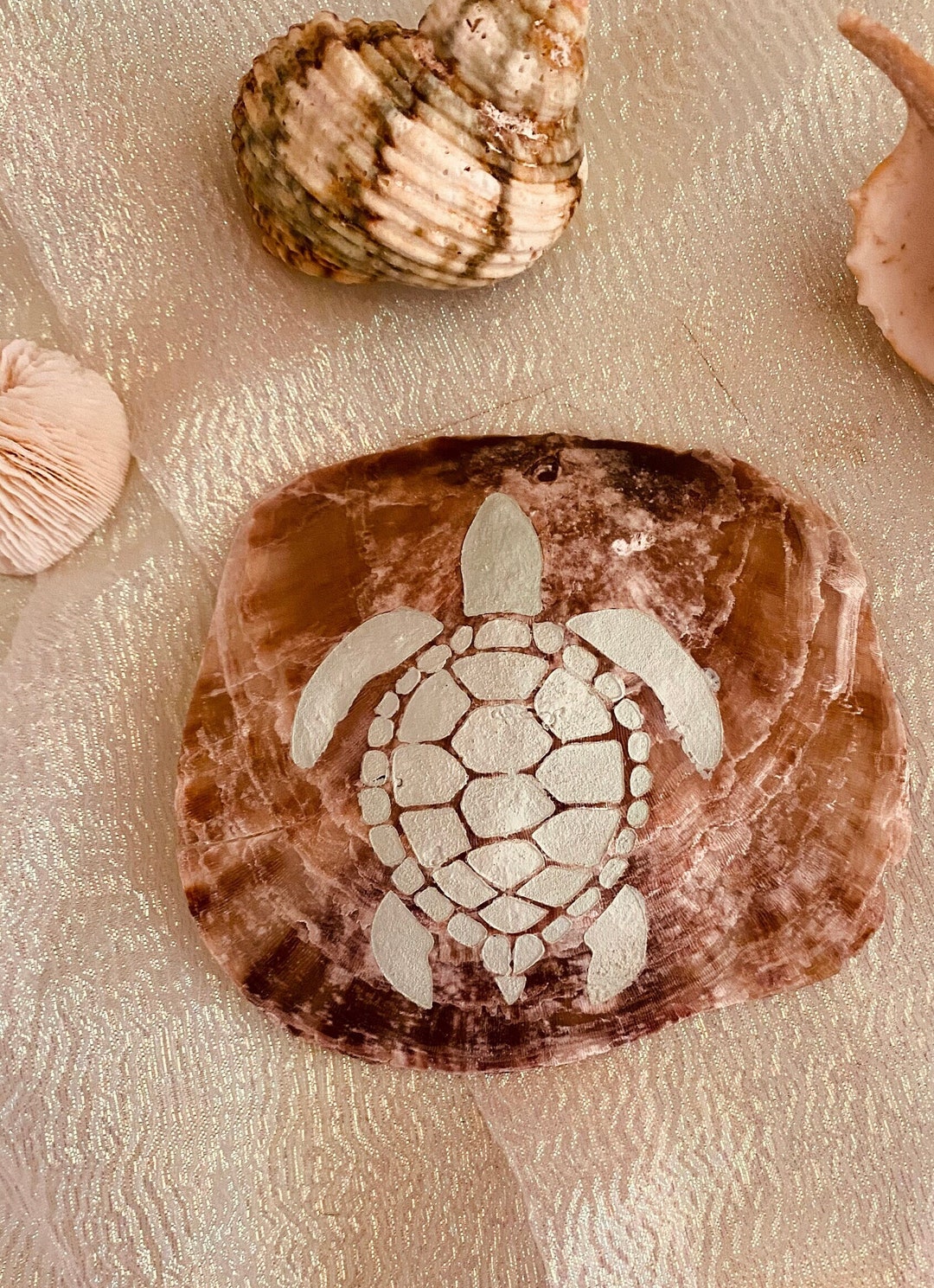 Tortoise on an Oyster Shell Ornament, Sea Turtle, Engraved, Saddle ...