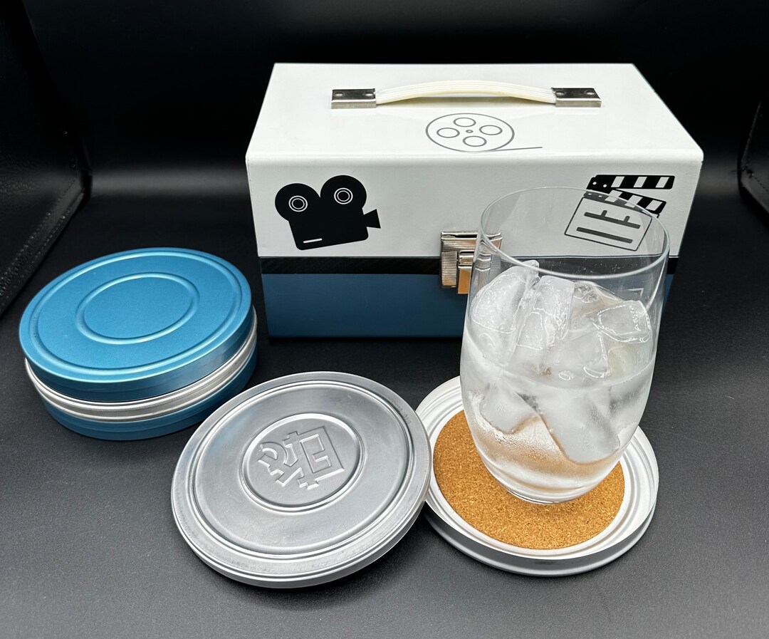 Film Reel Coaster Set, Blue and White Film Reel Case and Coasters ...