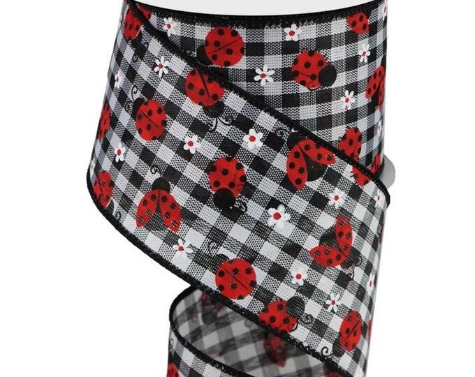 Wired Gingham Ladybug Ribbon, 2.5"x10yd Mini Ladybugs/check, Black ...