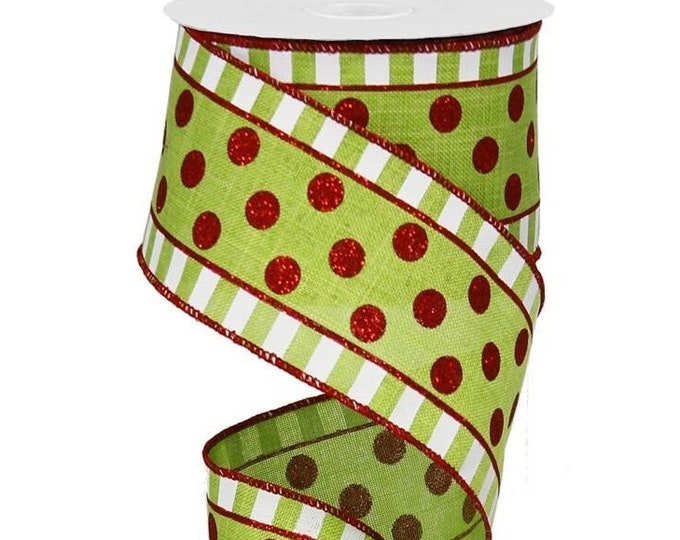 Wired Red Green Ribbon 2.5 X 10yd. Glitter Stripes and Dots on Canvas ...