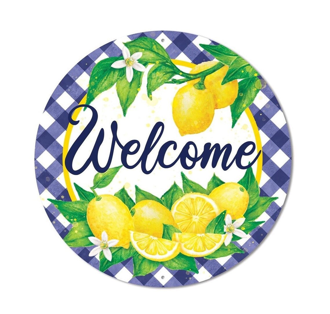 Metal Lemon Wreath Sign, 12"dia Welcome Blue Check Lemon Wreath Sign ...