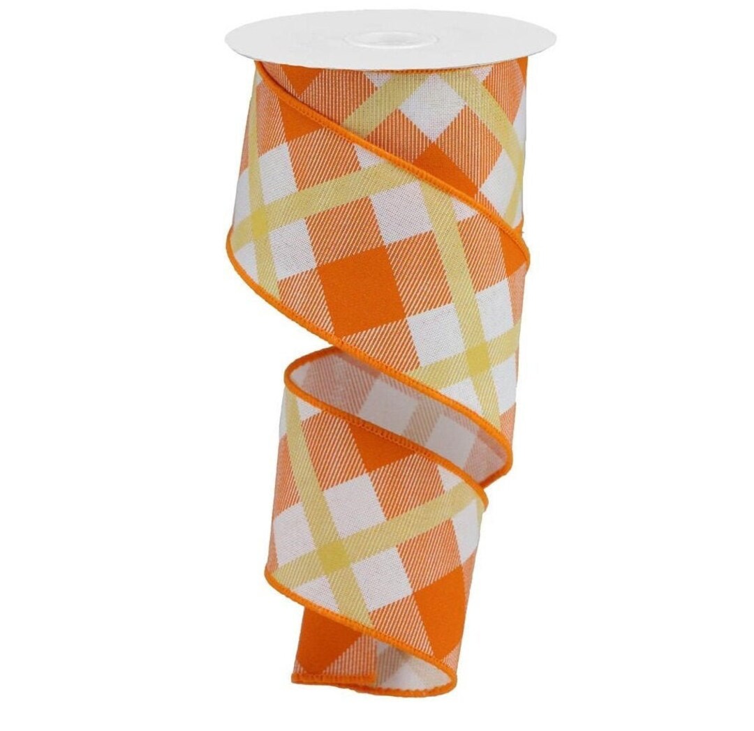Wired Plaid Fall Ribbon 2.5x10yd Printed Plaid on Royal. White/orange ...