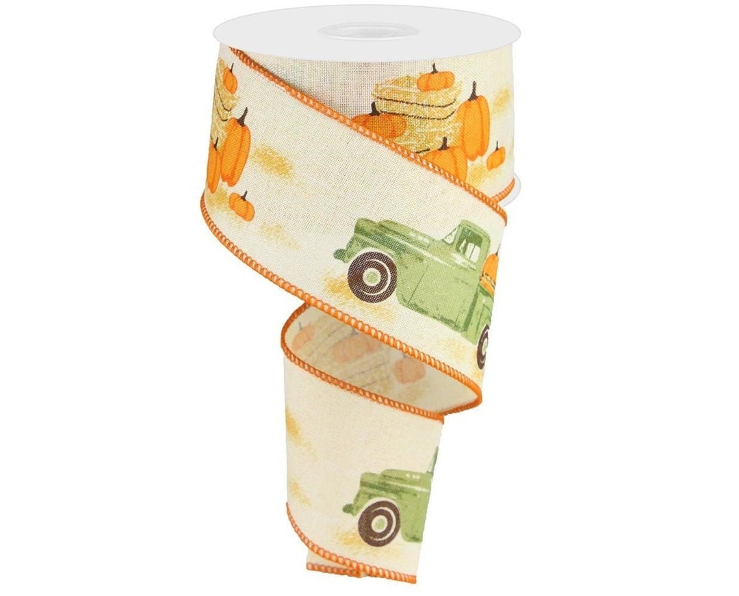 Wired Fall Truck Ribbon, 2.5"x10yd Ruck With Pumpkins on Canvas Cream ...