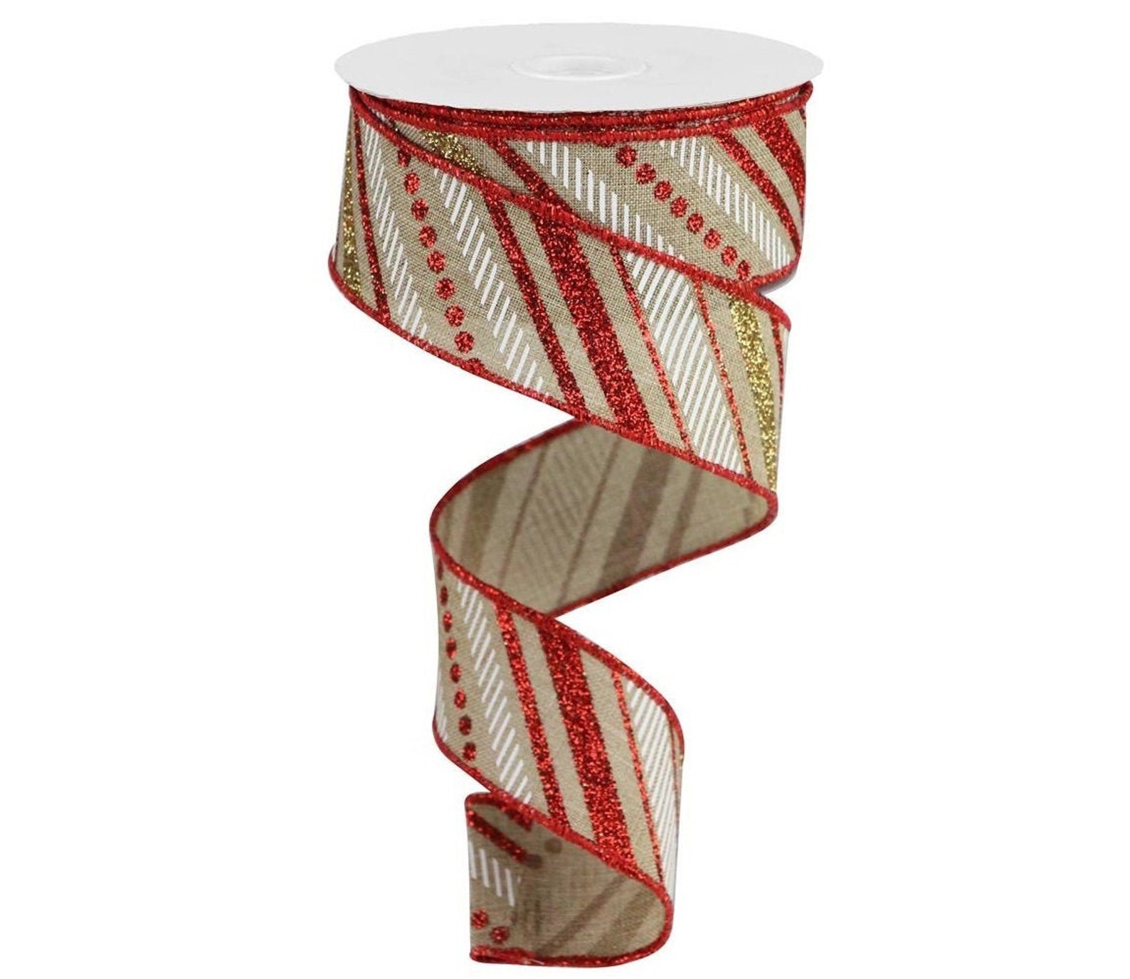 Wired red gold beige ribbon 1.5X10yd. Multi Diagonal | Etsy