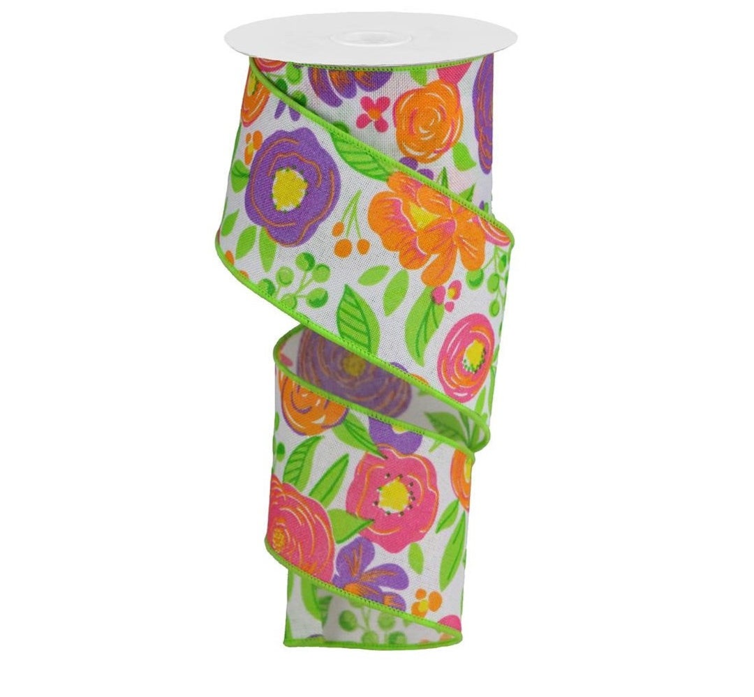 Wired Floral Ribbon 2.5x10yd Bold Blooms on Canvas - Etsy