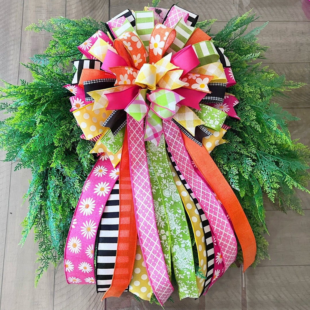 Large Summer Bow, Wreath Bow, Door Decor. Wired Ribbon Bow. - Etsy