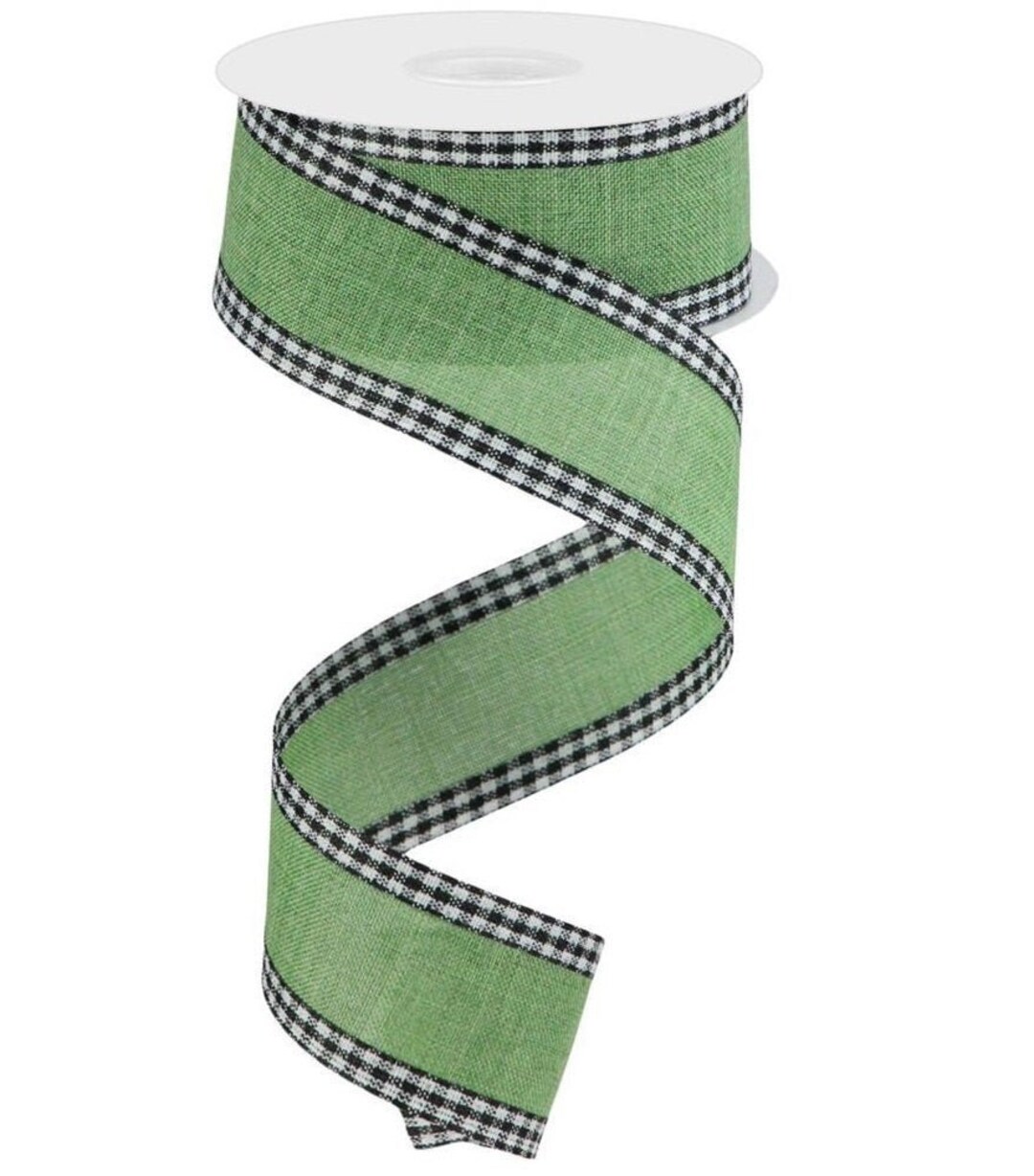 Wired Clover Green Ribbon, 1.5x10yd. Canvas, Gingham Edge, Clover/black ...