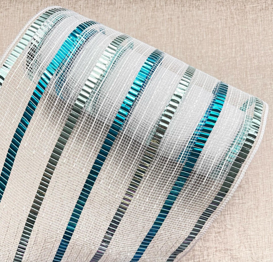 White/ice Blue/turquoise Deco Mesh 10'' X 10yd Wide Foil Stripe Mesh ...