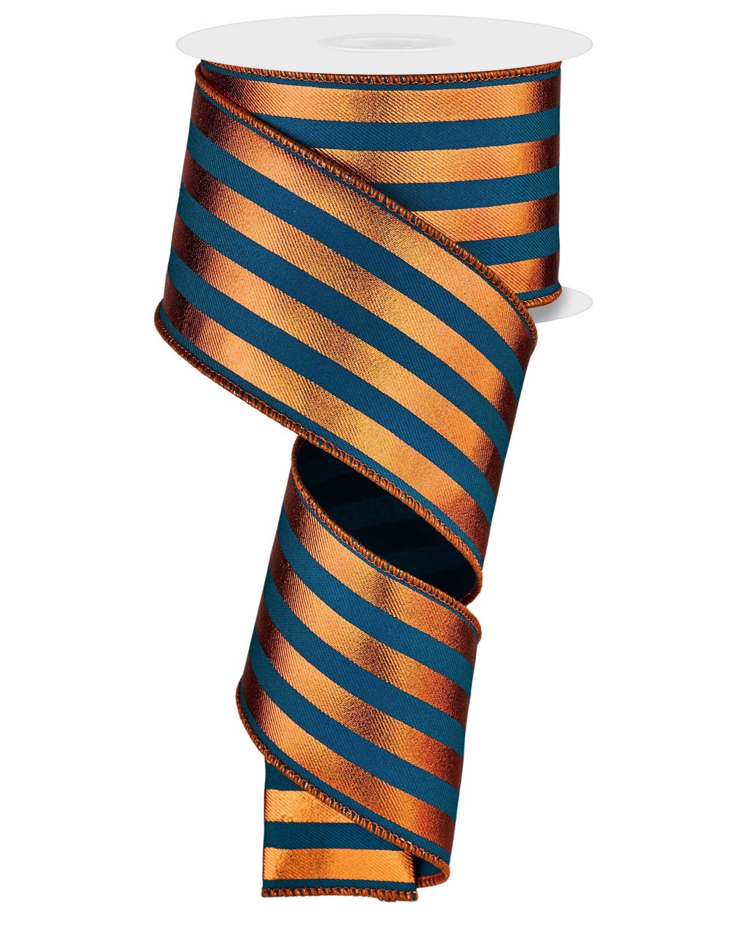 Wired Teal Ribbon. 2.5" X 10yd. Dark Teal and Copper Metallic Vertical ...