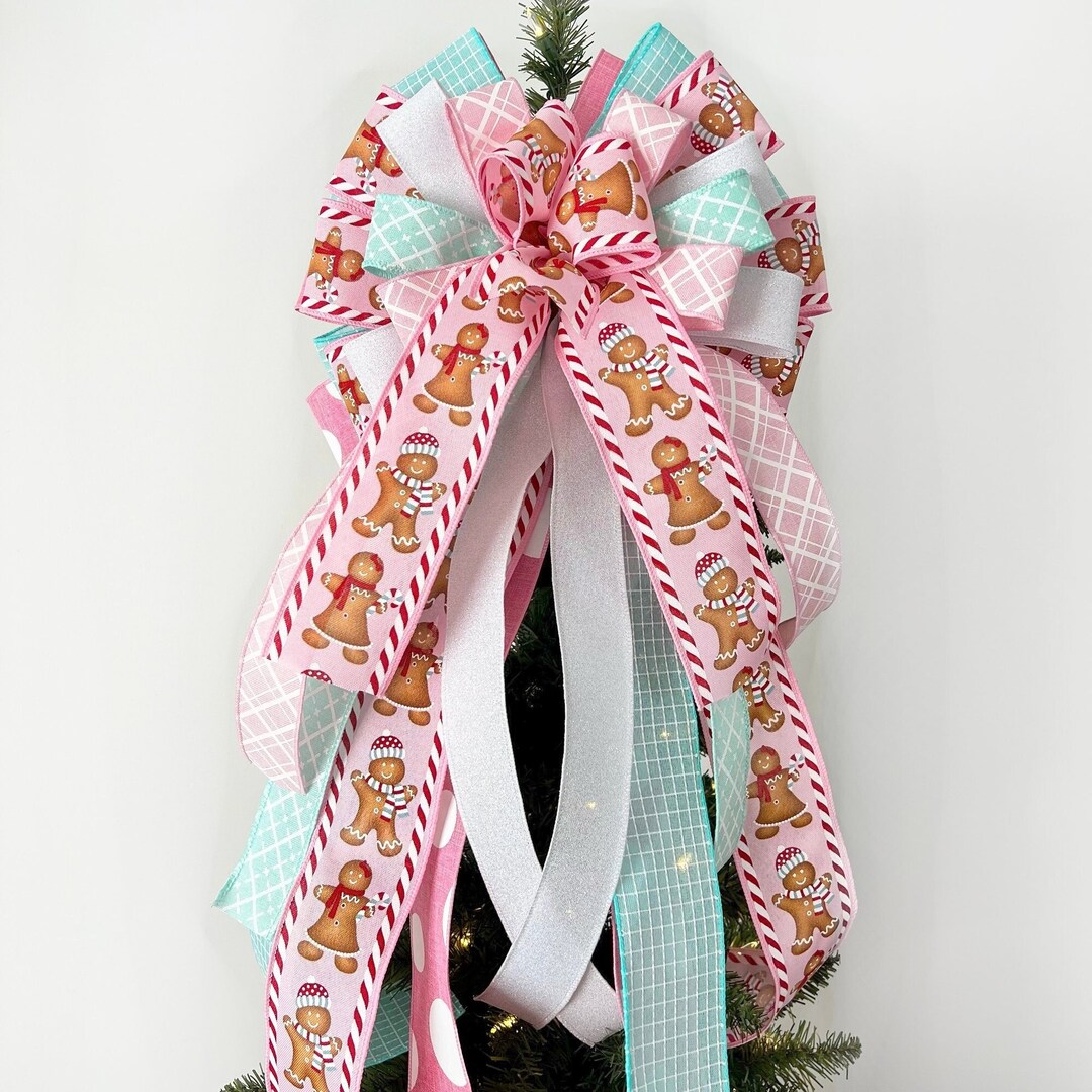 Christmas Tree Topper Bow, Gingerbread Bow, Pink, Mint Green, Glitter ...