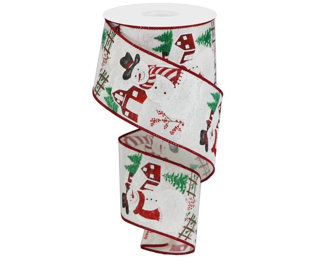 Wired Snowman Ribbon, 2.5"x10yd, Canvas, Christmas Ribbon, Ivory/brown ...
