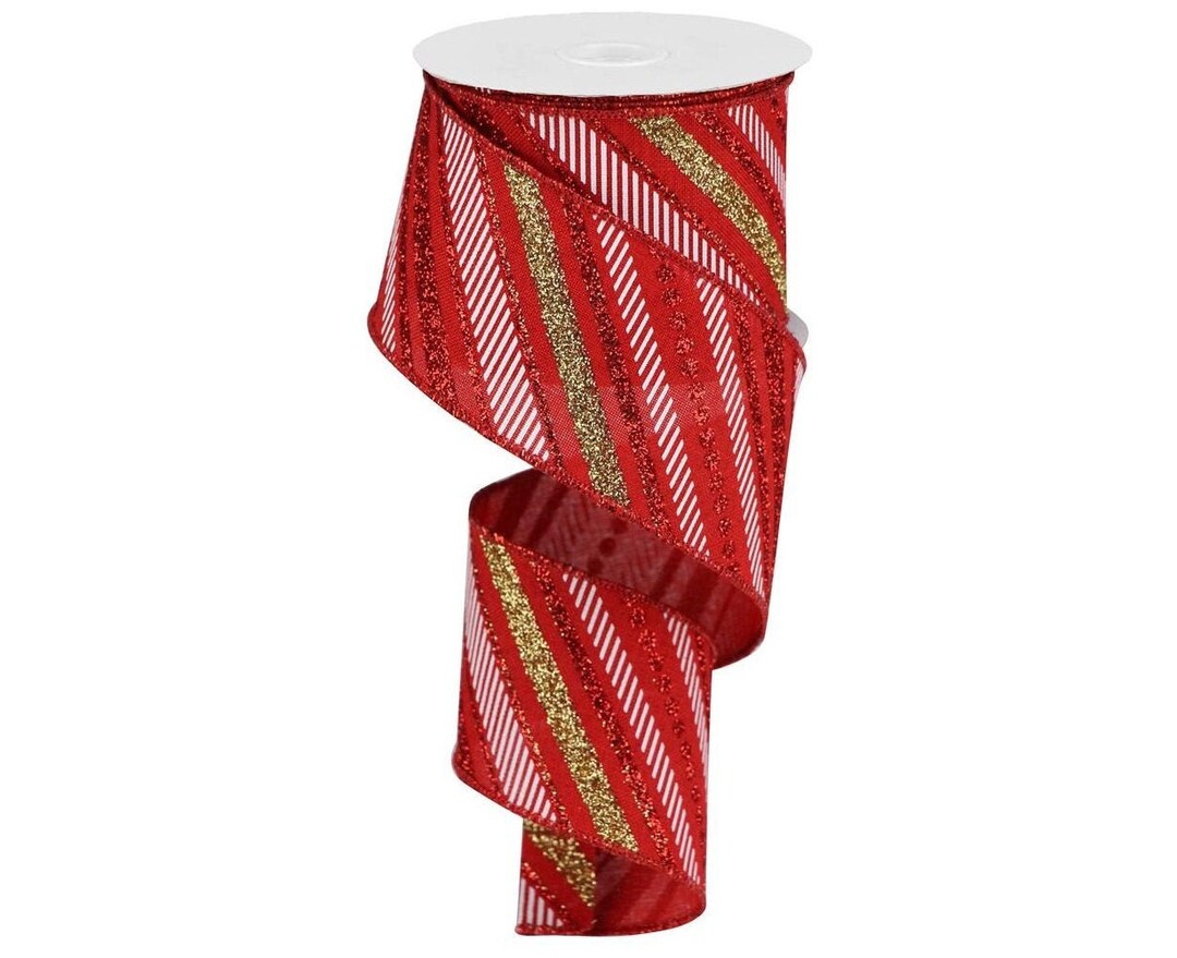 Wired Red Glitter Stripe Ribbon, 2.5"x10yd, Red, White, Gold Stripes on ...